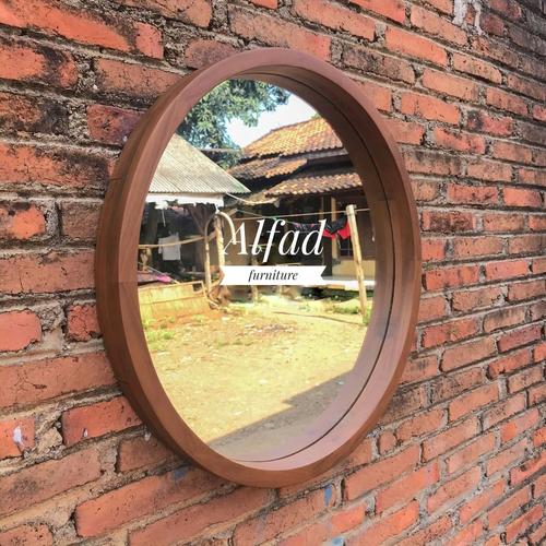 Jual bingkai kaca cermin bulat dinding gantung kamar mandi kayu jati ...