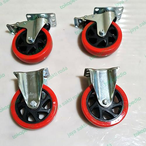 Jual Roda pu merah 5 inch 2putar+rem 2mati ball bearing beban 450 kg ...