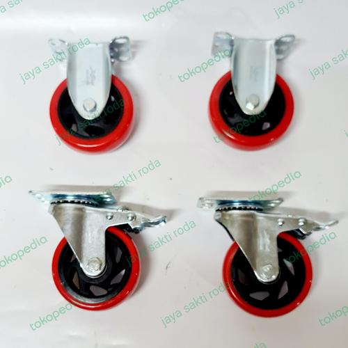 Jual Roda 4 inch pu merah ball bearing 2putar+rem 2mati beban roda 400 ...