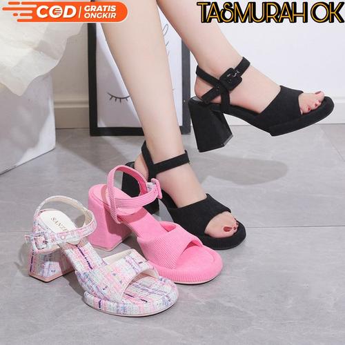 Jual Sandal Hak Tahu Tinggi Ankle Strap Wanita Open Toe 8,5cm Bludru ...