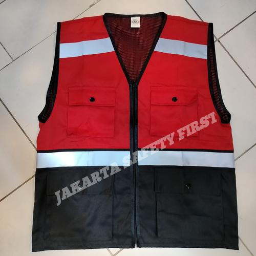 Jual Rompi Safety Kombinasi Merah Hitam / Rompi Drill Merah 4 Kantong ...