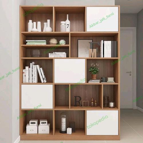 Jual lemari rak buku cantik minimalis kayu jati warna kombinasi natural ...