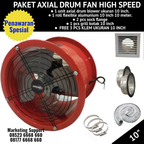 Jual PAKET EXHAUST DAPUR RESTO Axial Drum Fan High Speed 10 inch 220V ...