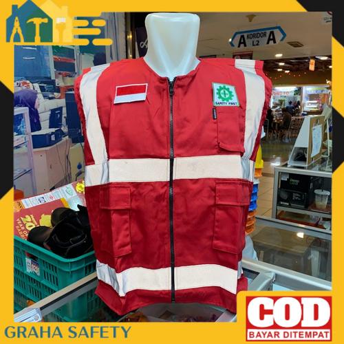 Jual Rompi Safety American Drill Warna Merah Plus Logo - Rompi Safety ...