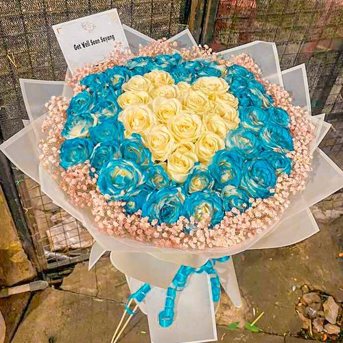 Jual Buket Bunga Jumbo Bulat Mawar Biru Mix Putih dan Pink Baby Bread ...