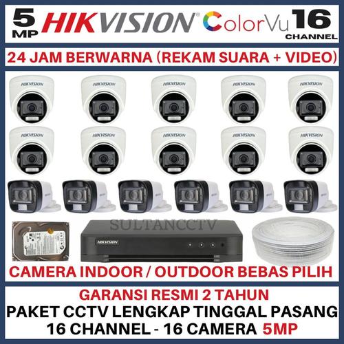 Promo PAKET CCTV HIKVISION 5MP COLORVU COLORFUL 16 CHANNEL 16 CAMERA 3K ...