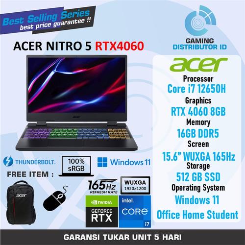 Promo Acer Nitro 5 15 AN515 I7 12650H RTX4060 8GB 16GB 512GB 15.6 WUXGA - Normal Bundling, 16GB ...