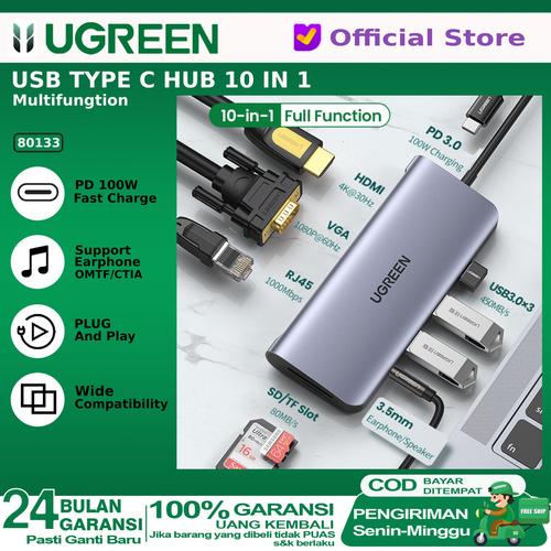 Promo UGREEN USB Hub 10 in 1 Type C To RJ45 HDMI VGA SD Card Aux 3.5mm ...