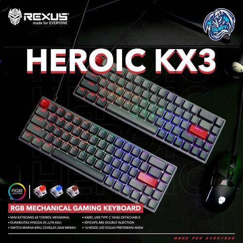 Jual Rexus Heroic KX3 65% Mechanical Gaming Keyboard - Black Grey, Red ...