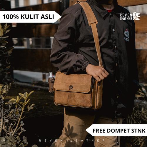 Jual Tas Selempang Kerja Sling Leather Bag Kulit Asli Pria Cowok Waterproof Cokelat Kab