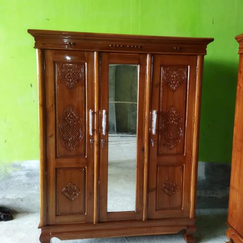 Promo lemari pakaian 3 pintu kaca panjang kayu jati muda( jati manium ...