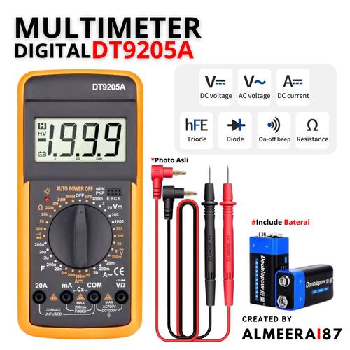 Jual Multimeter Multitester Digital DT9205A Alat Ukur Arus Listrik AC ...