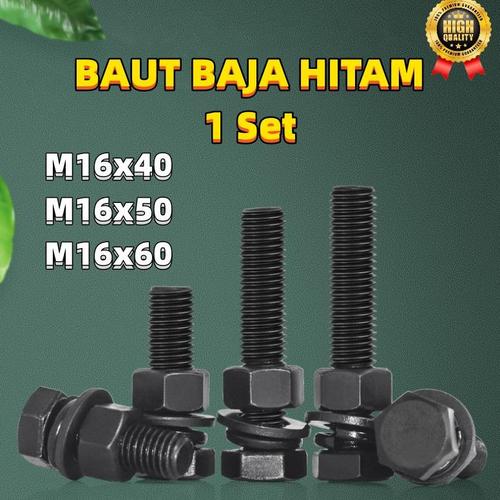 Jual Baut mur baja M16 grade 10.9 hex full drat 1 set baut mur baja ...
