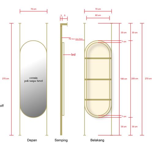 Jual Cermin Pigura Oval Besi 70x270, Cermin dinding, standing mirror ...