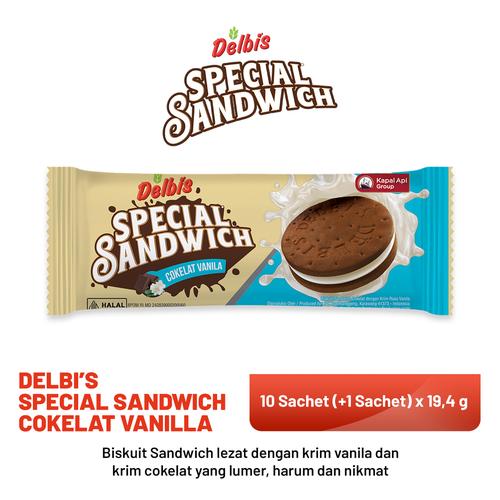 Promo Delbis Special Sandwich Cokelat Vanilla (10 Sachet x 19.4 gram ...