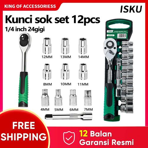 Jual ISKU kunci socket set 12 pcs 1/4 inch Rachet kunci sok set CR-V ...