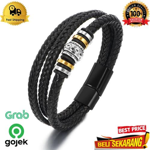 Promo Gelang Pria Kulit Asli Hitam Double Layer Klip Magnetik Titanium ...