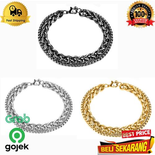 Jual Gelang Titanium Pria Anti Karat Hitam Silver Rantai Double Layer ...