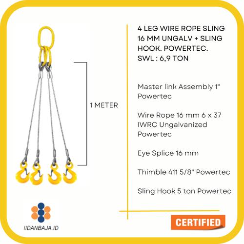 Jual 4 LEG WIRE ROPE SLING 16 MM UNGALV. SWL 6,9 TON X 1 MTR POWERTEC ...