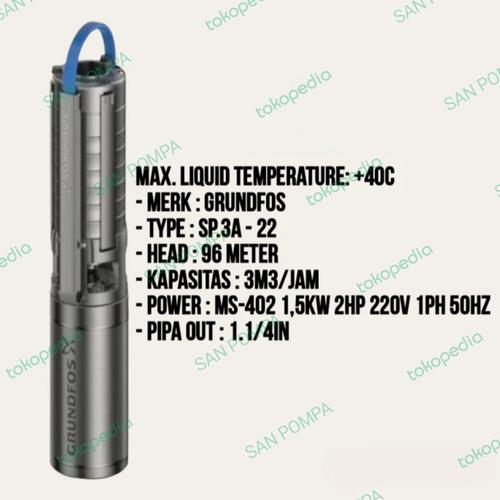 Jual Pompa Air Sumur Dalam GRUNDFOS SP 3A-22 1.5 kW 220V Submersible ...