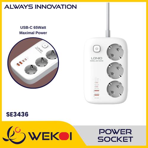 Promo Power Strip 3 Socket LDNIO SE3436 3250W GaN Charger 65W 4 USB ...