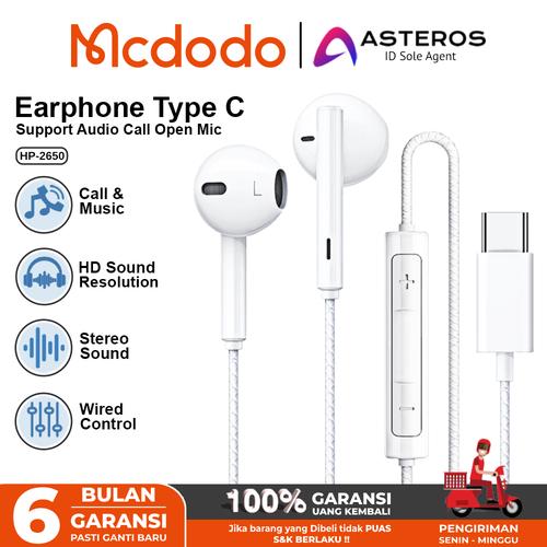 Promo MCDODO Earphone Headset Type C Stereo Sound Audio Call Open Mic ...