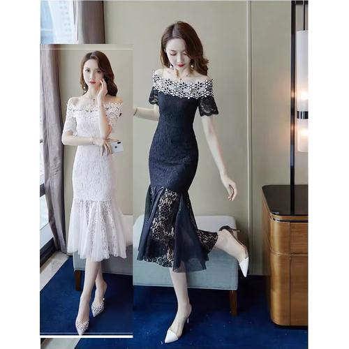 Jual Gaun Pesta D23034 Putih Hitam Sabrina Mermaid Party Dress - Putih ...