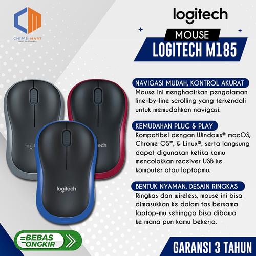 Jual LOGITECH M185 Mouse Wireless abu / merah / biru 100% Original ...