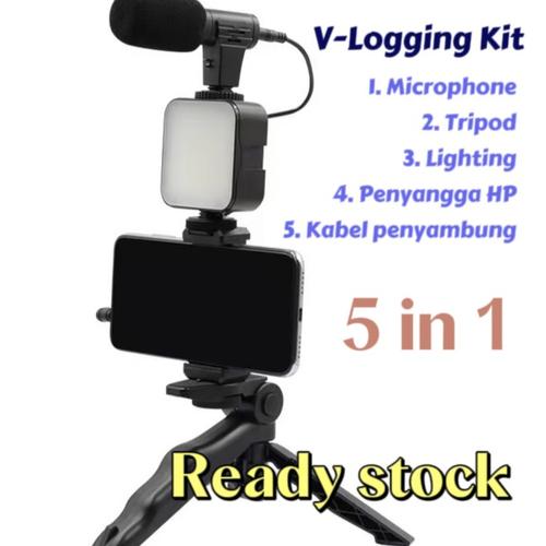 Jual Vlog kit set alat bantu rekam video paket 5 in 1 tripod led mic ...