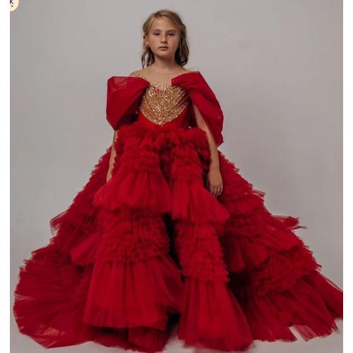 Jual Red Luxury Christmas Pageant gown with laced bodice long train ...