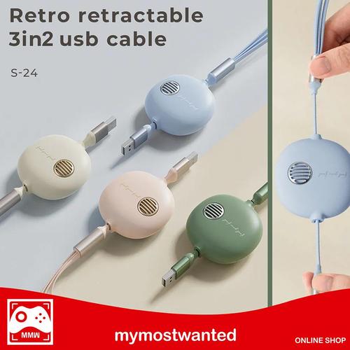 Jual Cable Retractable USB-C lightning fast portable RETRO design 3 in ...