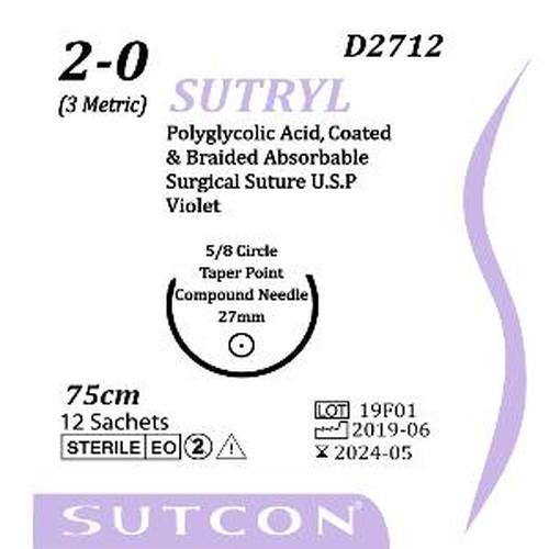 Jual BENANG JAHIT MEDIS SUTCON SUTRYL, 2-0 , 1/2 CIRCLE TAPER POINT, 75 ...
