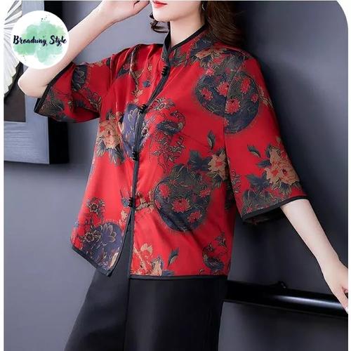 Jual Cheongsam Red Merah Baju Atasan Wanita Blouse Lengan Panjang Imlek ...