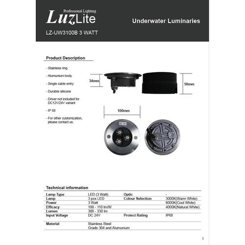 Jual LAMPU KOLAM RENANG 3 WATT DIAMETER 100 MM LZ-UW3100B MERK LUZ LITE ...