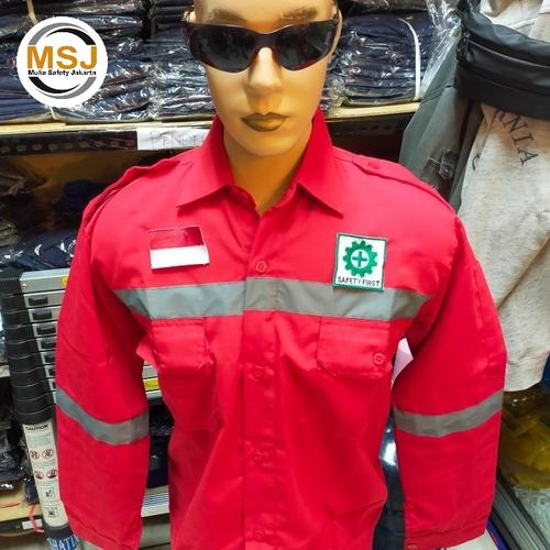Jual baju seragam kerja safety merah / baju atasan kerja safety+ logo ...