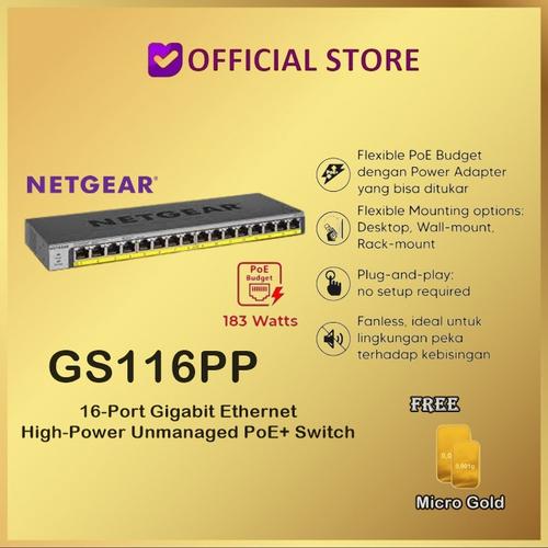 Promo Netgear GS116PP 16 Port Gigabit PoE+ Unmanaged Switch GS 116PP ...