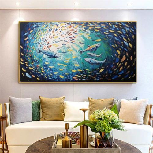 Jual lukisan tangan abstract original fish school lukisan canvas besar ...