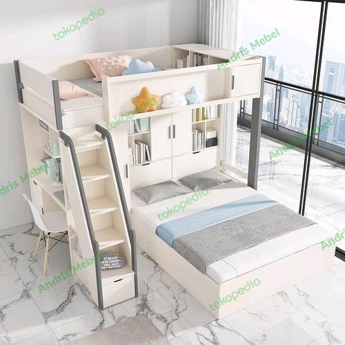 Jual Tempat tidur tingkat anak putih multifungsi rak lemari meja ...