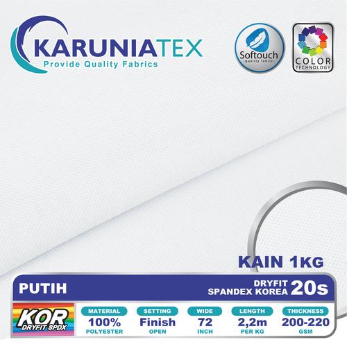 Jual Kain Dryfit Spandex Korea 20s Putih | Karunia Textile - Kain 0,5Kg ...