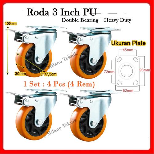 Jual Roda 3 inch PU 1 set (4 hidup Rem) + Double bearing troli etalase ...