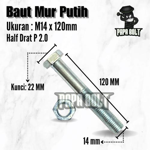 Jual Baut Mur Hexagon Galvanis Putih BMP Hex M14x120 / 14x120 14mm ...