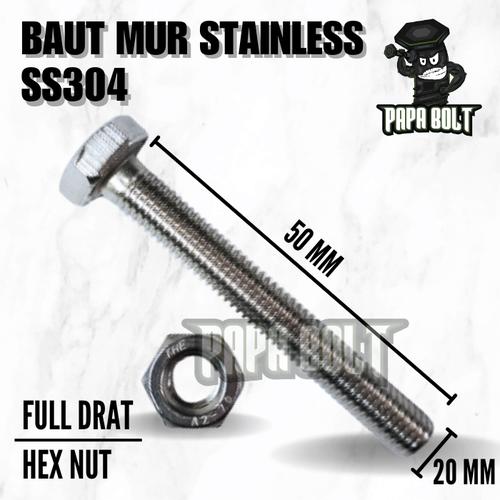 Jual Baut Mur Hex Stainless Steel 304 20x50 / M20 x 50 Kunci 30 P2.50 ...