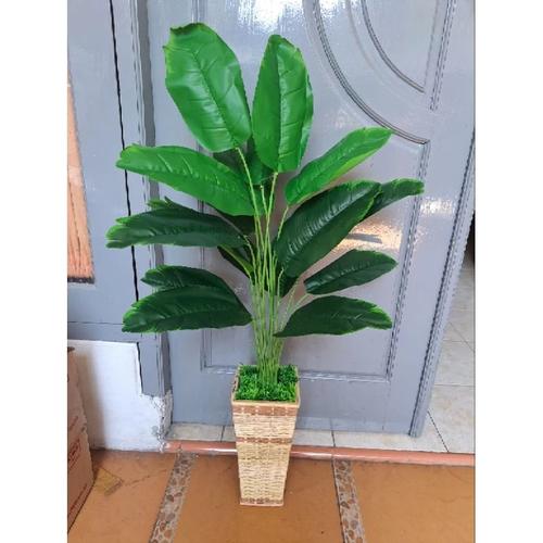 Jual pohon pisang artificial plastik cabang 12 berikut pot anyam rotan ...