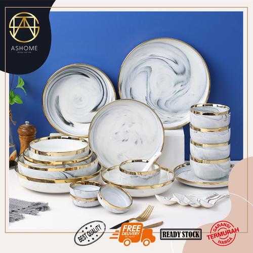 Jual PIRING MARBLE ABU-ABU PUTIH LIST GOLD ELEGAN/ WESTERN DESIGN SET PLATE - 10"SHALLOW PLAT ...