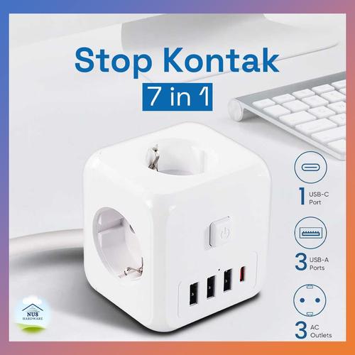Jual Stop Kontak 7 in 1 USB Type C Port Steker Cube Wall Socket ...