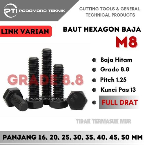Jual Baut Hexagon 8.8 M8x16 M8x20 M8x25 M8x30 M8x35 M8x40 M8x45 M8x50 FT Hexagon Screw Hitam ...