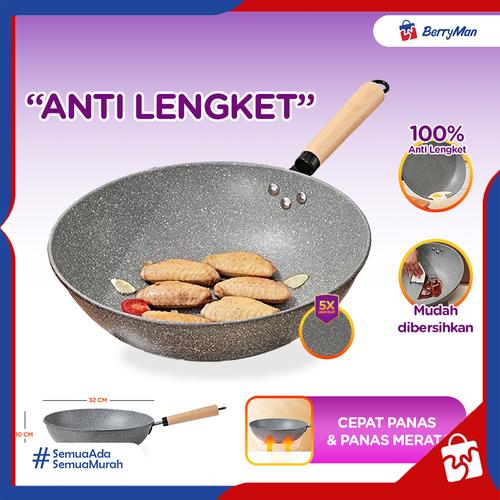 Jual WAJAN PENGGORENGAN BATU MEDIS 33 cm Gagang Kayu Wok Pan Teflon ...