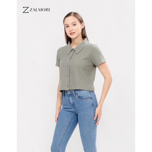Promo Zalmore Basic Women Crop Shirt Premium Waffle - Kemeja Crop ...