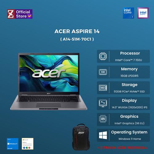 Promo Acer Aspire 14 A14-51M Intel Core 7-150U 16GB/512GB SSD 14.0 ...