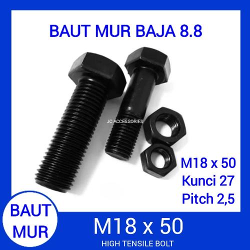 Jual GRADE 8.8 MUR BAUT BAJA M18X50 HEX BOLT + NUT PITCH 2,5 KUNCI 27 ...